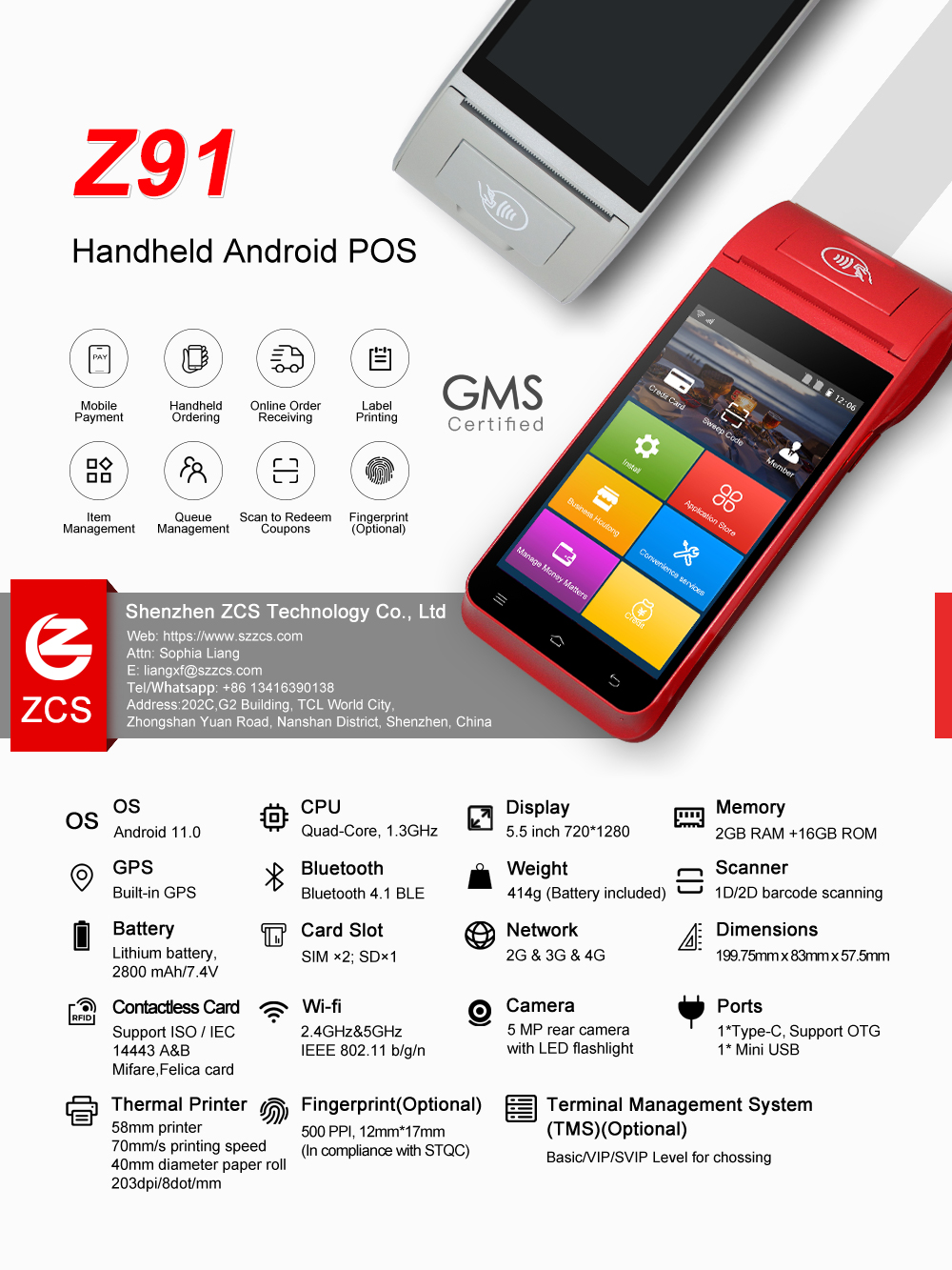 Android POS System ZCS Z91 Touch screen mobile Terminal for Smart POS Application in Bangladesh
